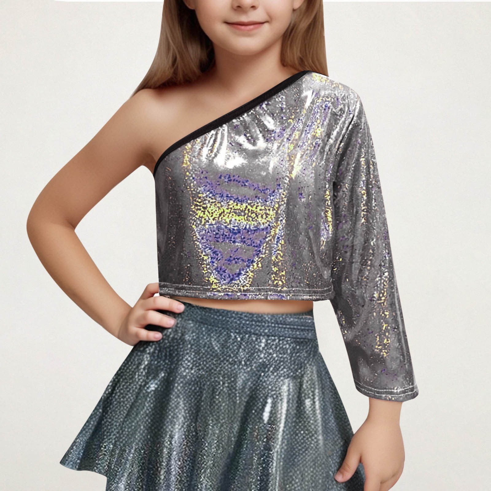 Children's Performance Costume Sequin Sloping Shoulder T-shirt With ...