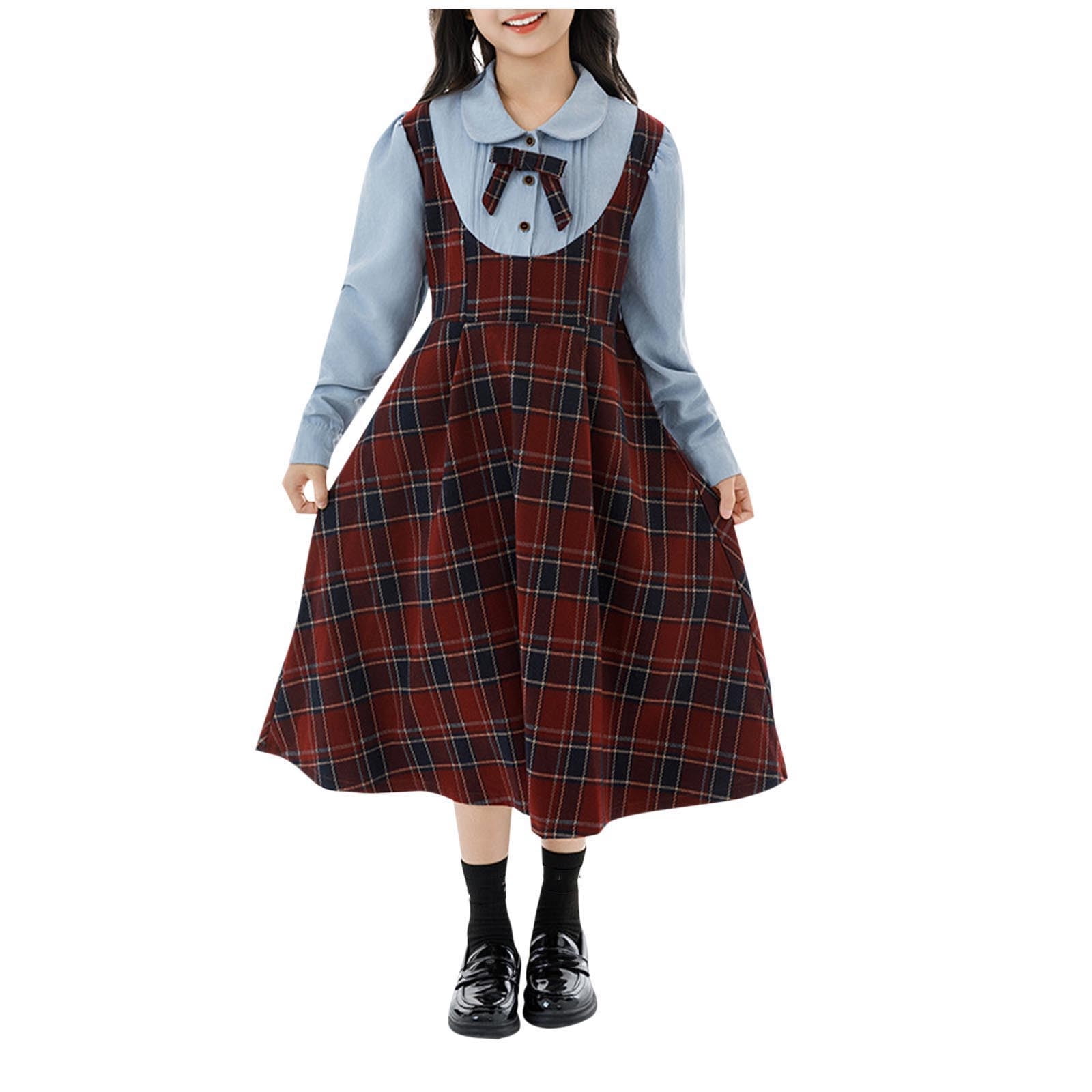 Children's Plaid Long Sleeve Dress Turn-Down Collar Bow Dress Fake Two ...