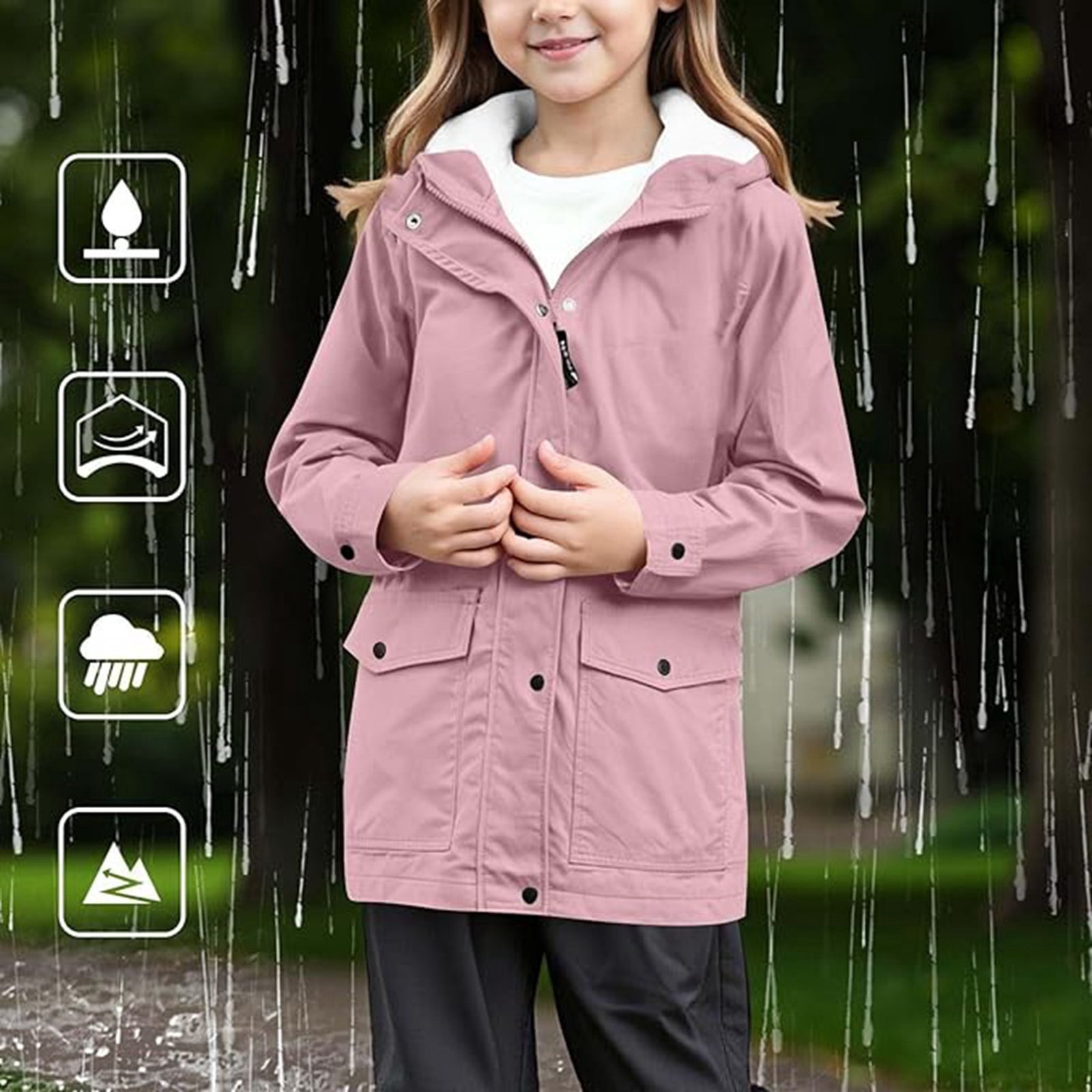 Children's Rain Jacket Girls Fleece Lined Raincoat Windbreaker Hooded ...