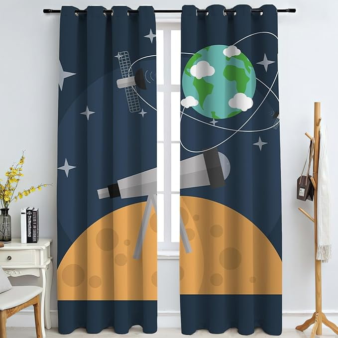 Children's Room Blue Space Window Curtains, Cartoon Universe Planet ...