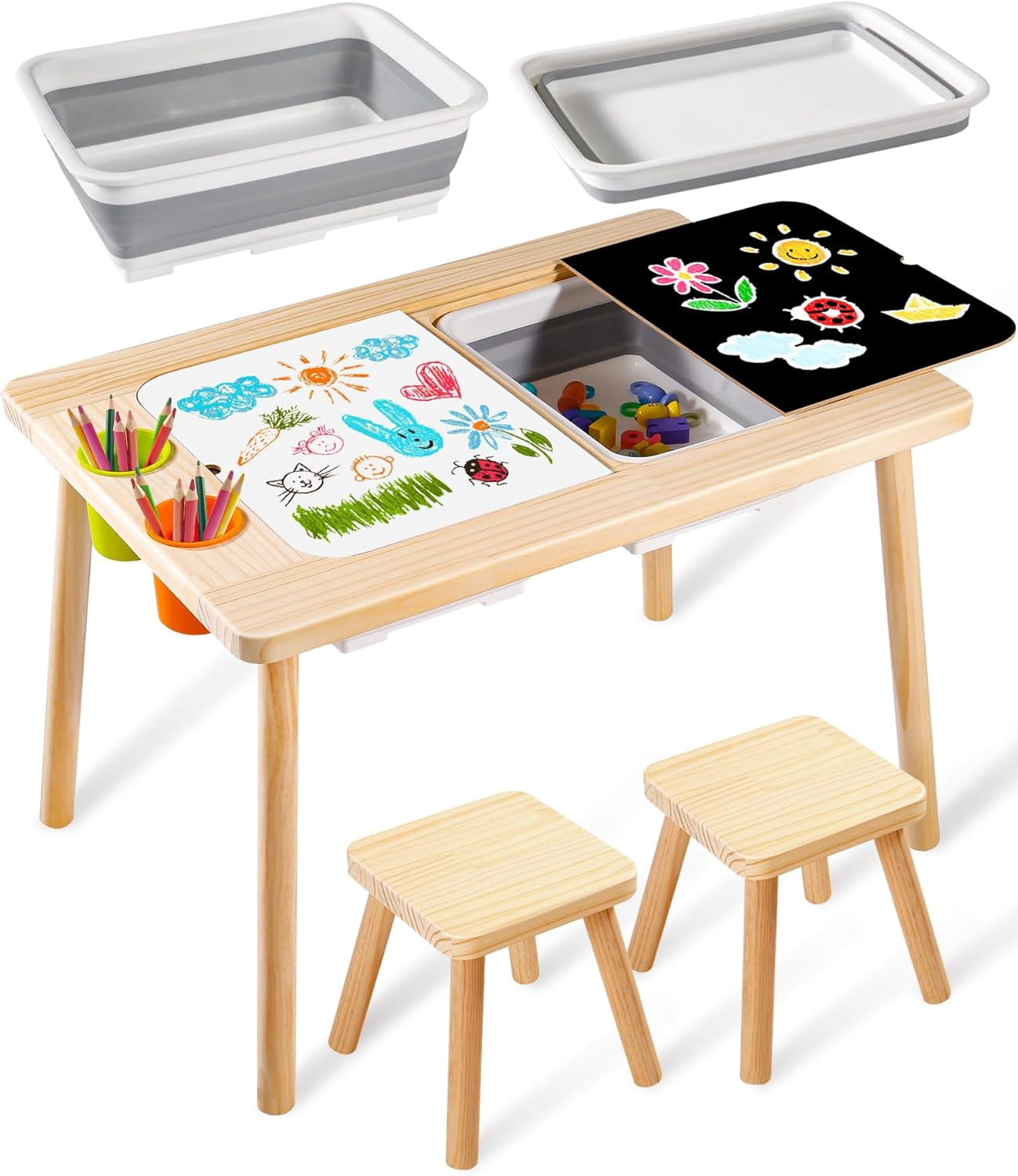 Children's Sensory Table with 2 Stool, Multifunction Toddler Play Sand ...