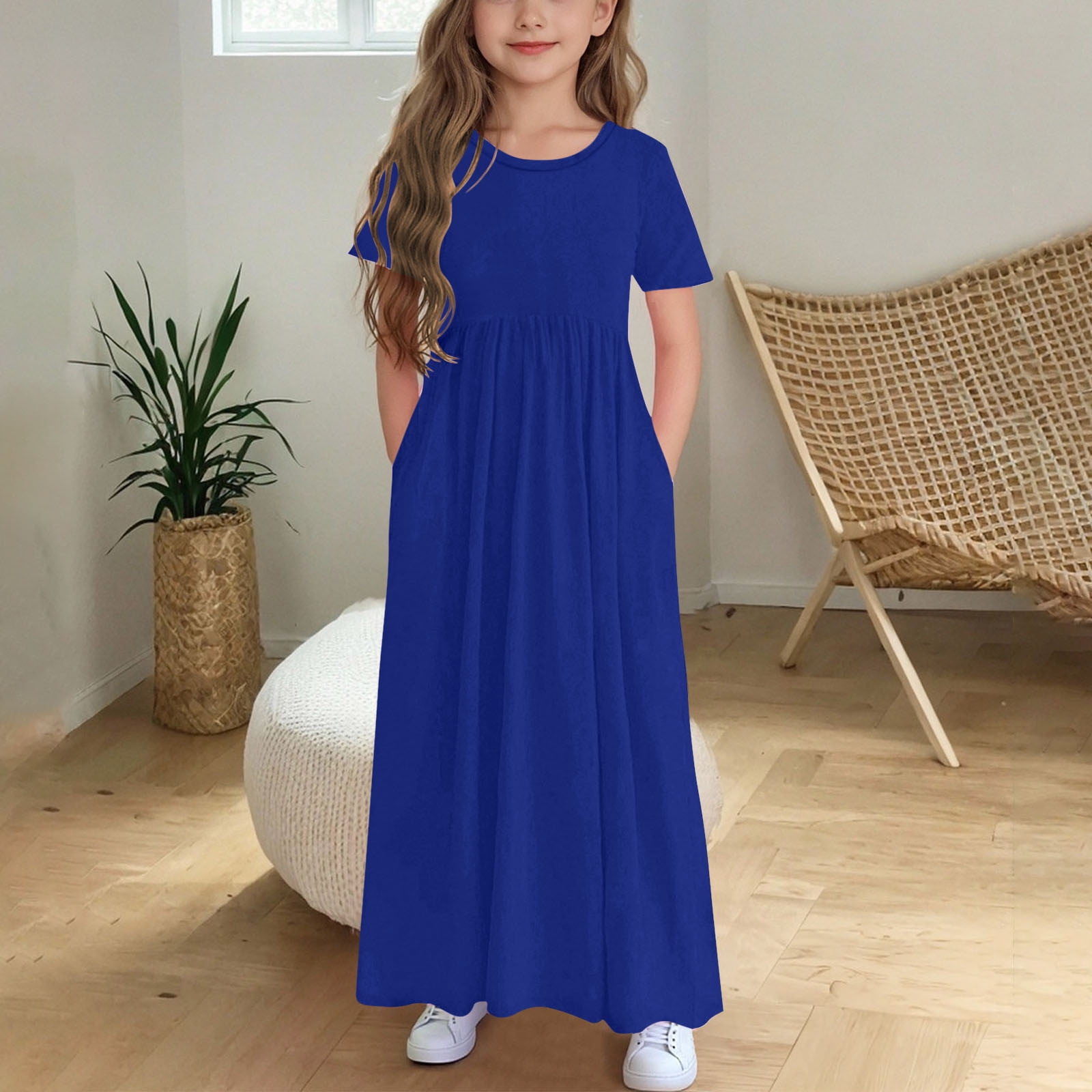 Children's Solid Color Short Sleeve Ruffled Pockets Round-Neck Printed ...