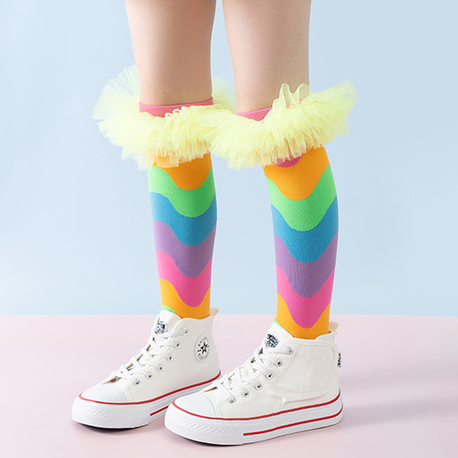 Children's Striped Mid-Calf Socks, Colorful Rainbow Stripe with Lace ...