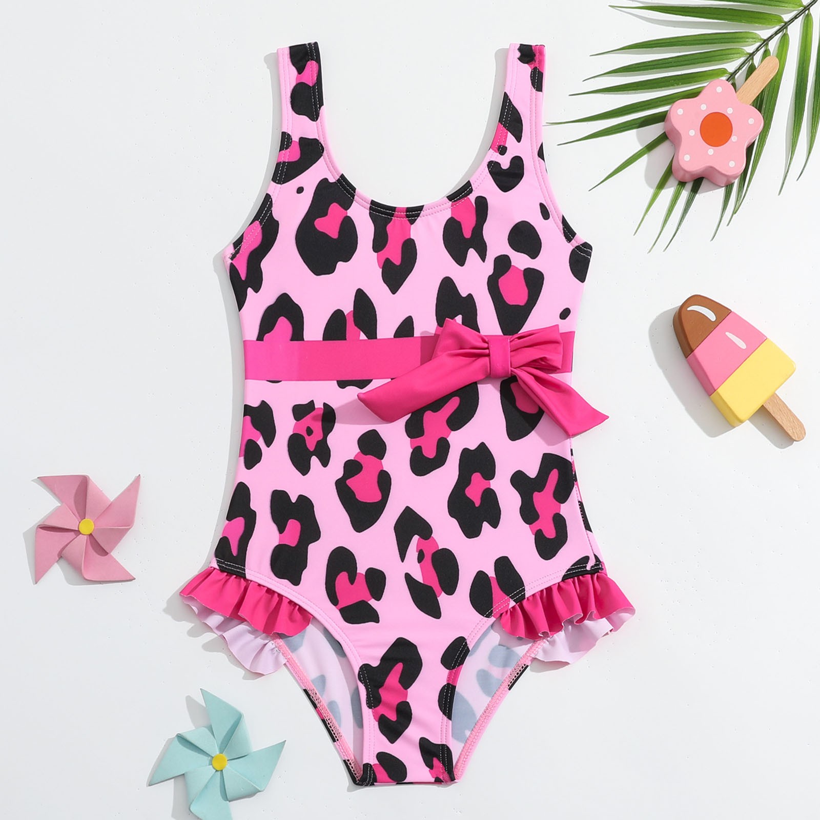 Children's Swimwear New Girls Swimsuit Leopard Print Bow Ruffle Baby ...