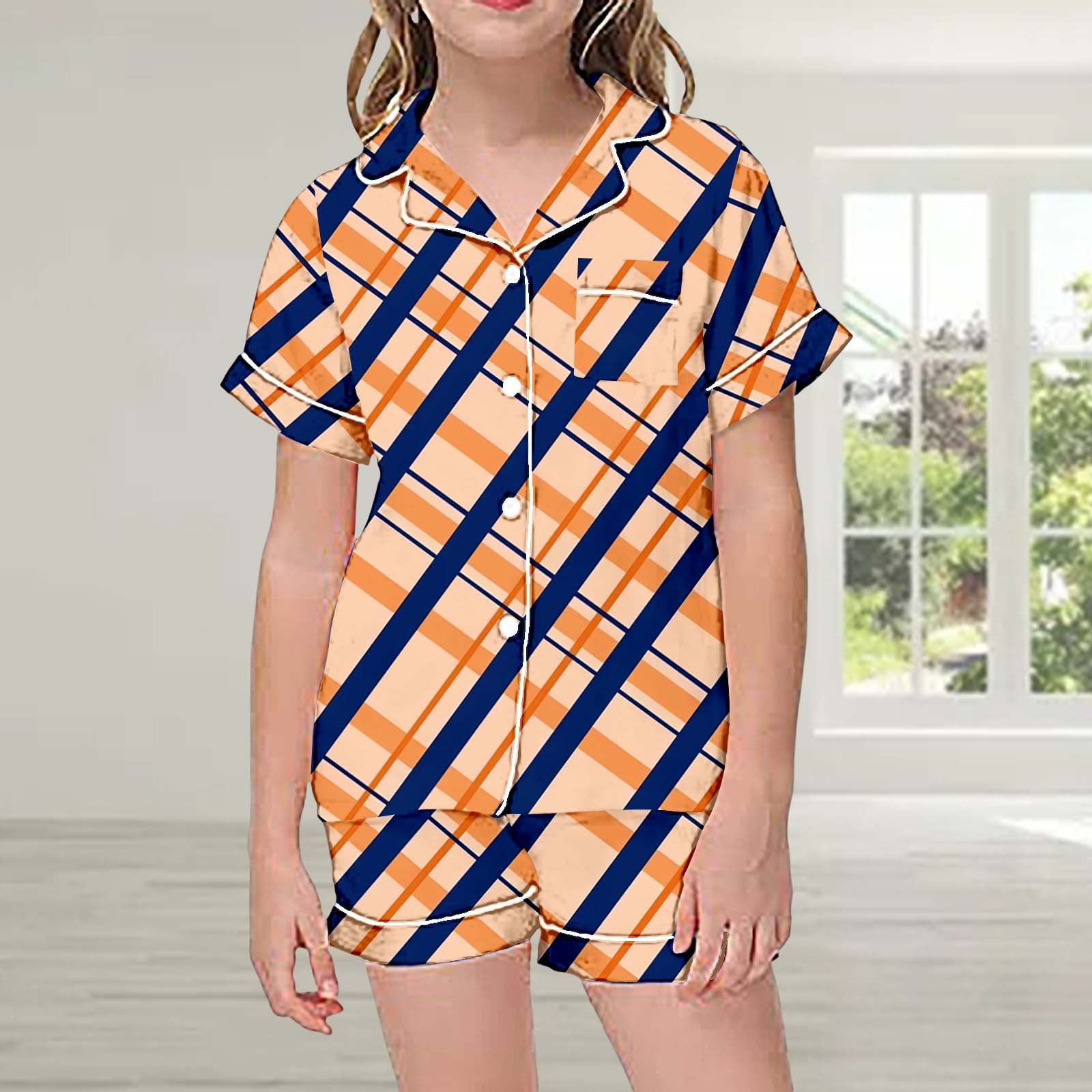 Children's Two Piece Pajama Set with Plaid Printed Short Sleeved Shorts ...