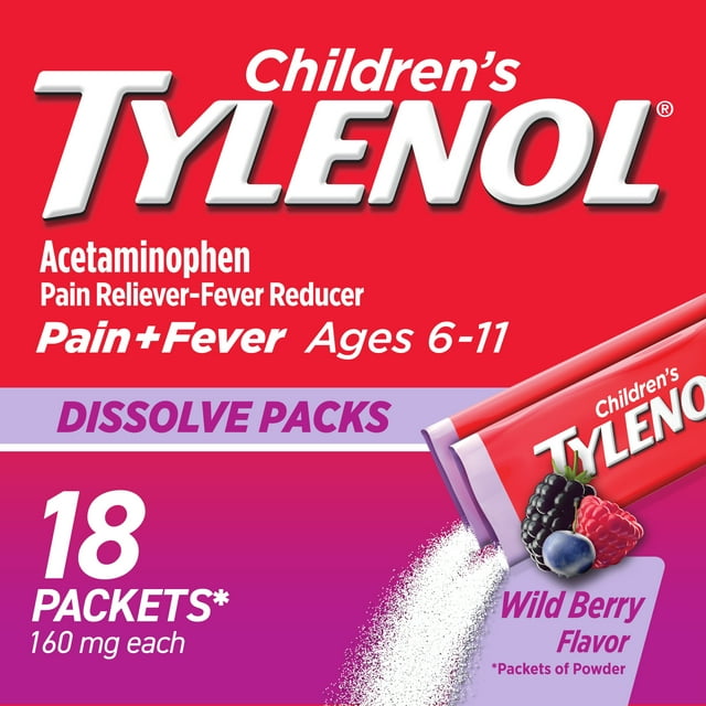 Children's Tylenol Acetaminophen Dissolve Packets, Wild Berry, 18 Ct ...