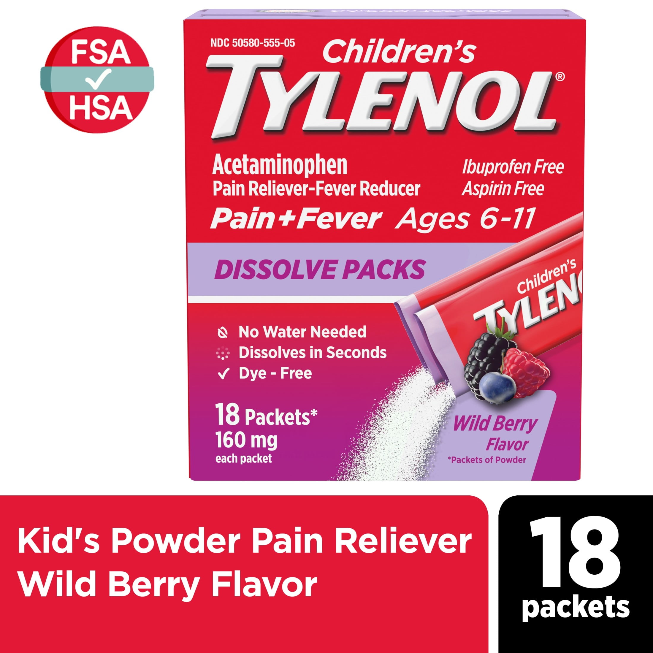 Children's Tylenol Acetaminophen Dissolve Packets, Wild Berry, 18 Count ...