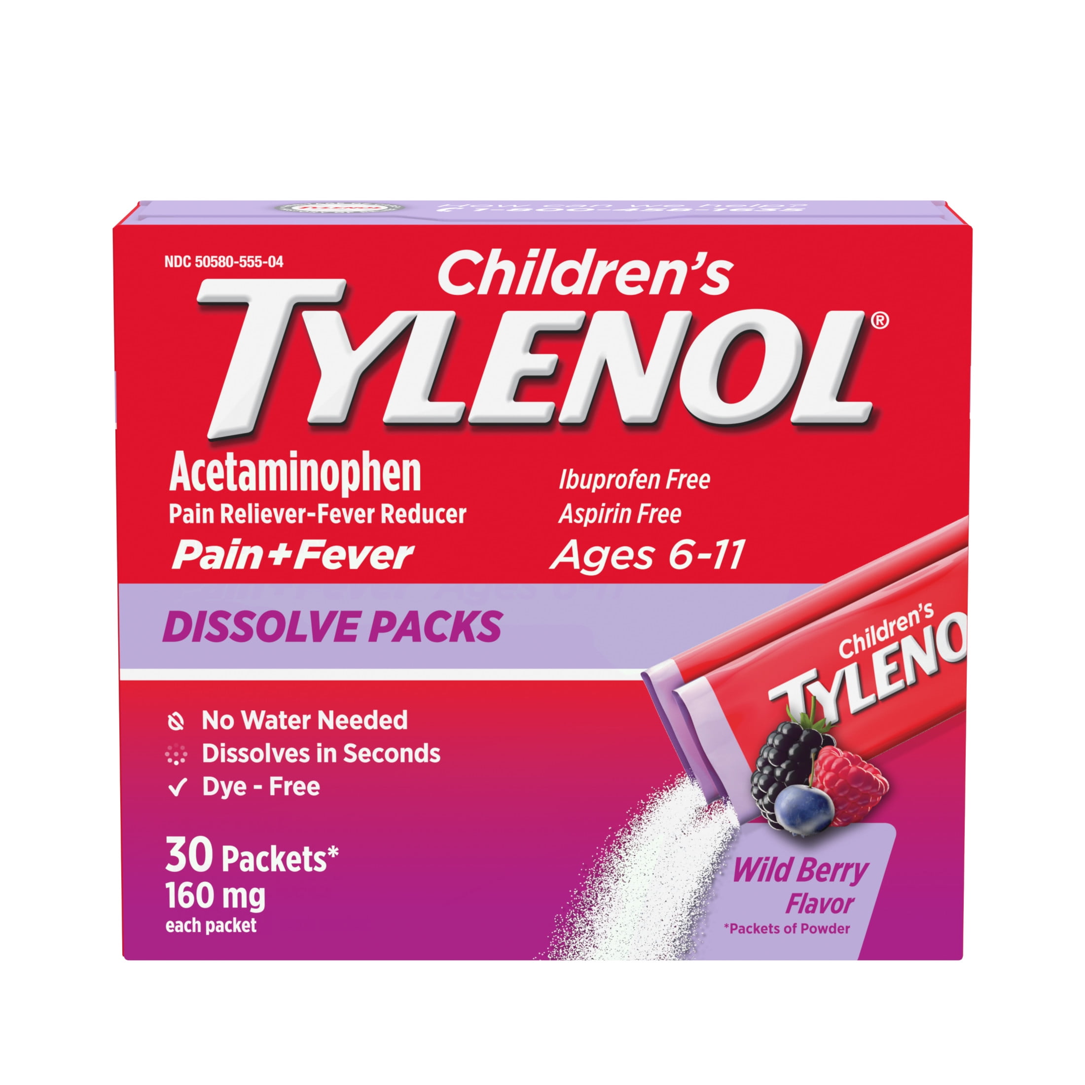 Children's Tylenol Acetaminophen Dissolve Packets, Wild Berry, 30 Count ...