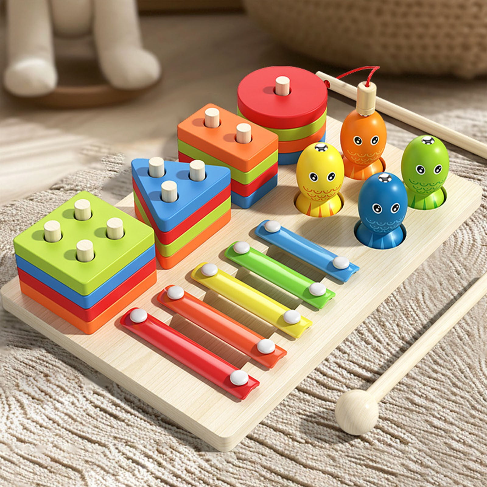 Children's Wooden Geometric Column Magnetic Fishing And Piano Tapping ...