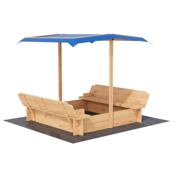 Children's Wooden Sandbox with Adjustable Canopy and 2 Foldable Bench ...