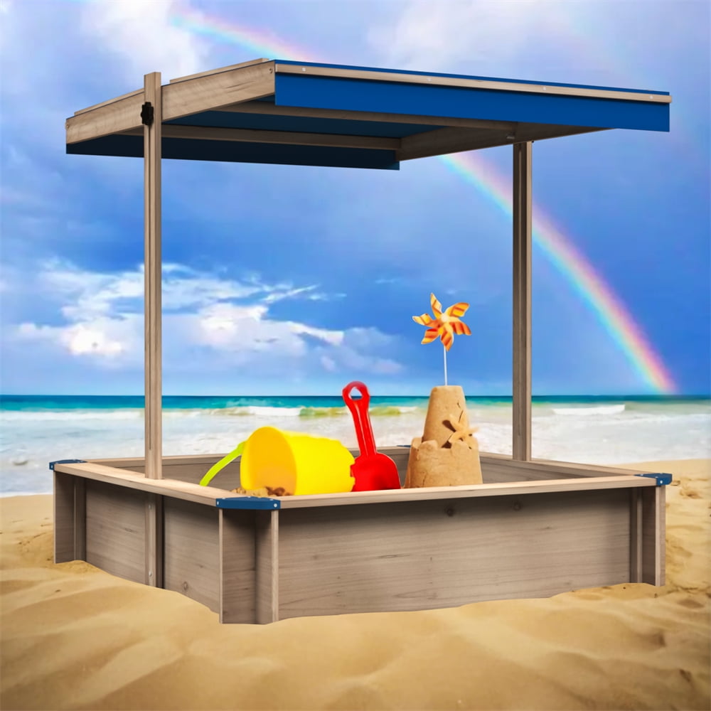 Children's Wooden Sandbox with Adjustable Canopy, Kids Wood Playset ...