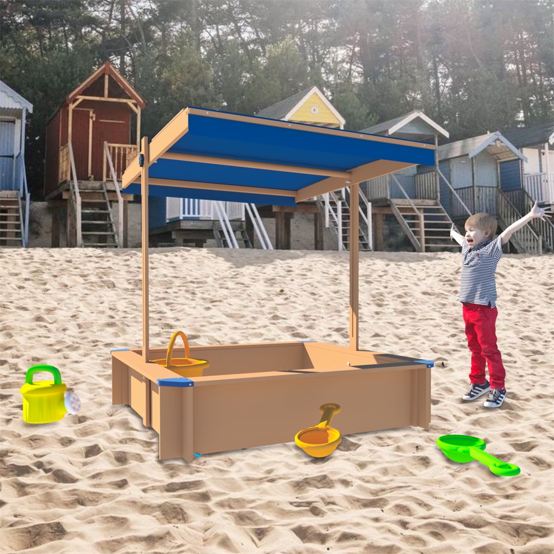 Children's Wooden Sandbox with Adjustable Canopy, Sandpit with Covers ...