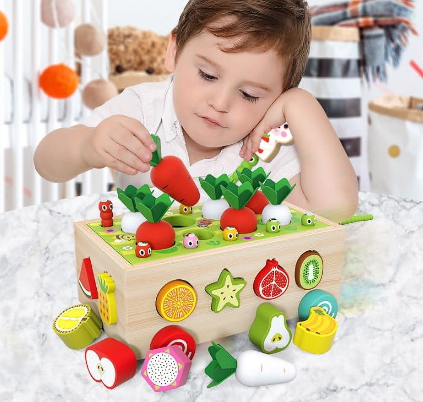 Children's Wooden Toy Pull Radish Fruit Farm Building Blocks Toy Car ...