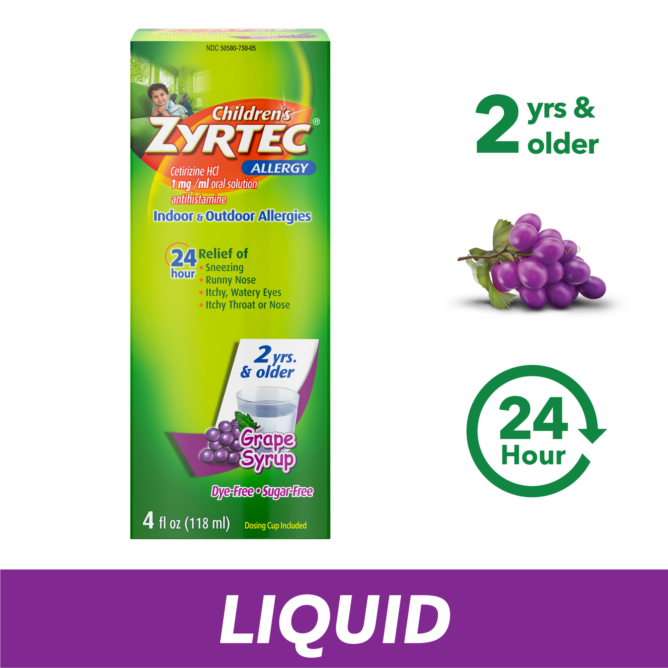 Zyrtec 24 Hr Children's Allergy Syrup, Grape, Twin Pack of 4 fl. oz ...