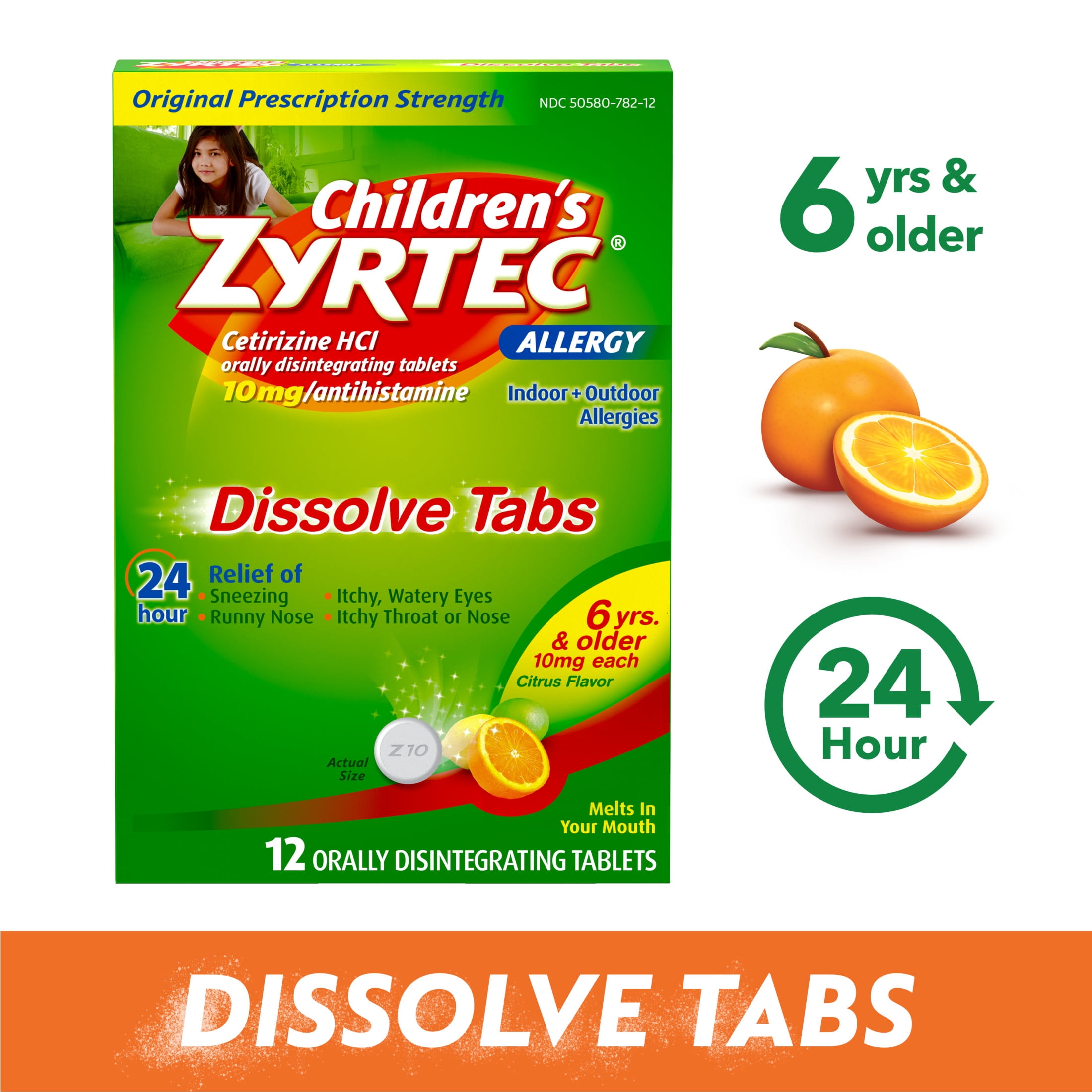 Children's Zyrtec 24 Hr Allergy Relief Dissolve Tablets, Citrus, 12 Ct ...