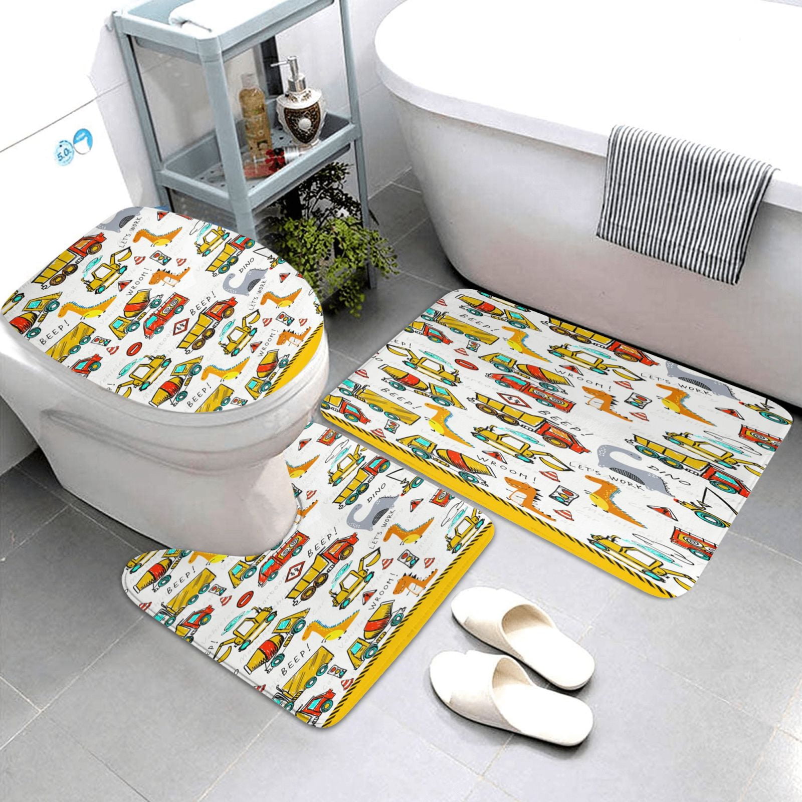 Children's engineering car cartoon dinosaur Bath Mat Set 3 Piece Non ...