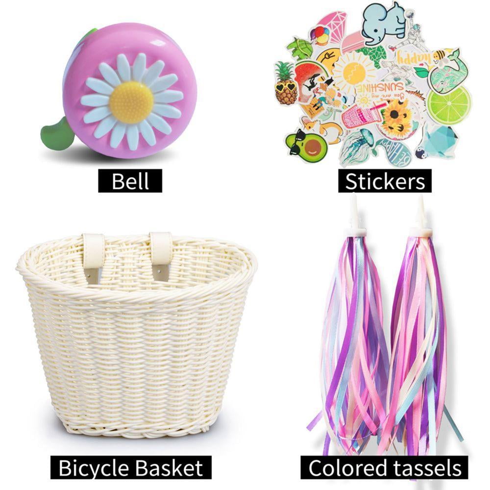 Childrens Bike Basket Streamers Set, Front Handlebar Kid's Bicycle Basket with Multicolour Bike ...