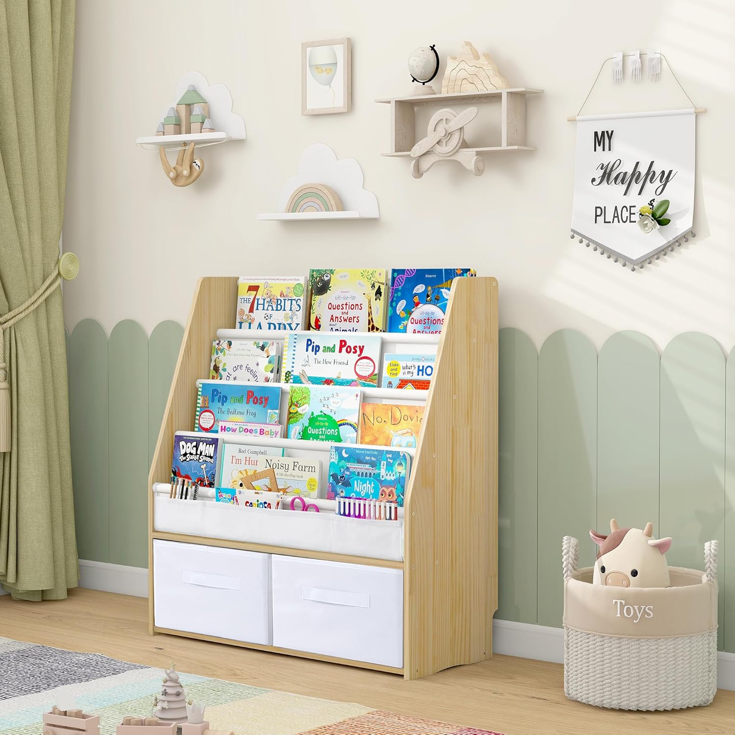Childrens Bookshelf Kids Sling Book Rack with Two Storage Boxes and ...