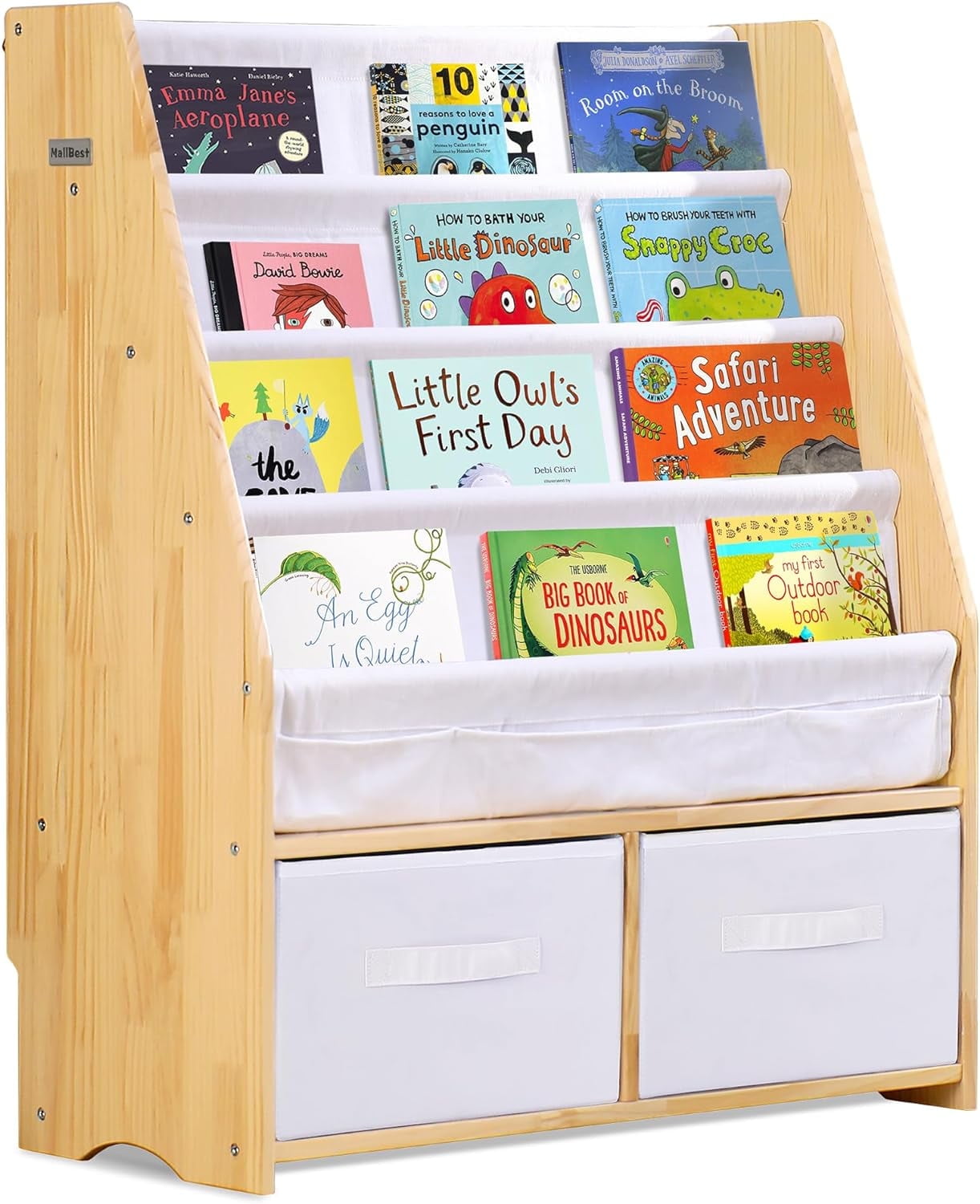 Childrens Bookshelf Kids Sling Book Rack with Two Storage Boxes and ...