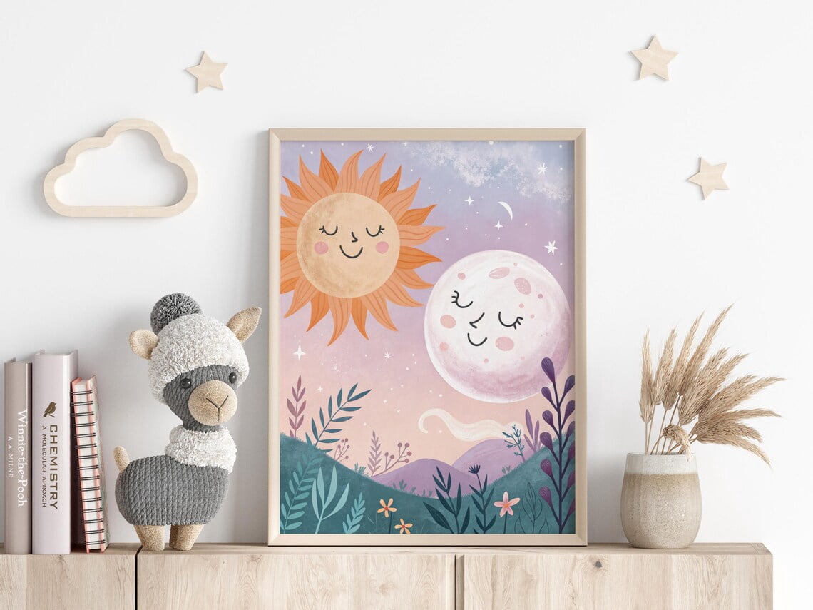 Childrens Pastel of Moon and Sun Cute Nature Illustration Dreamy ...
