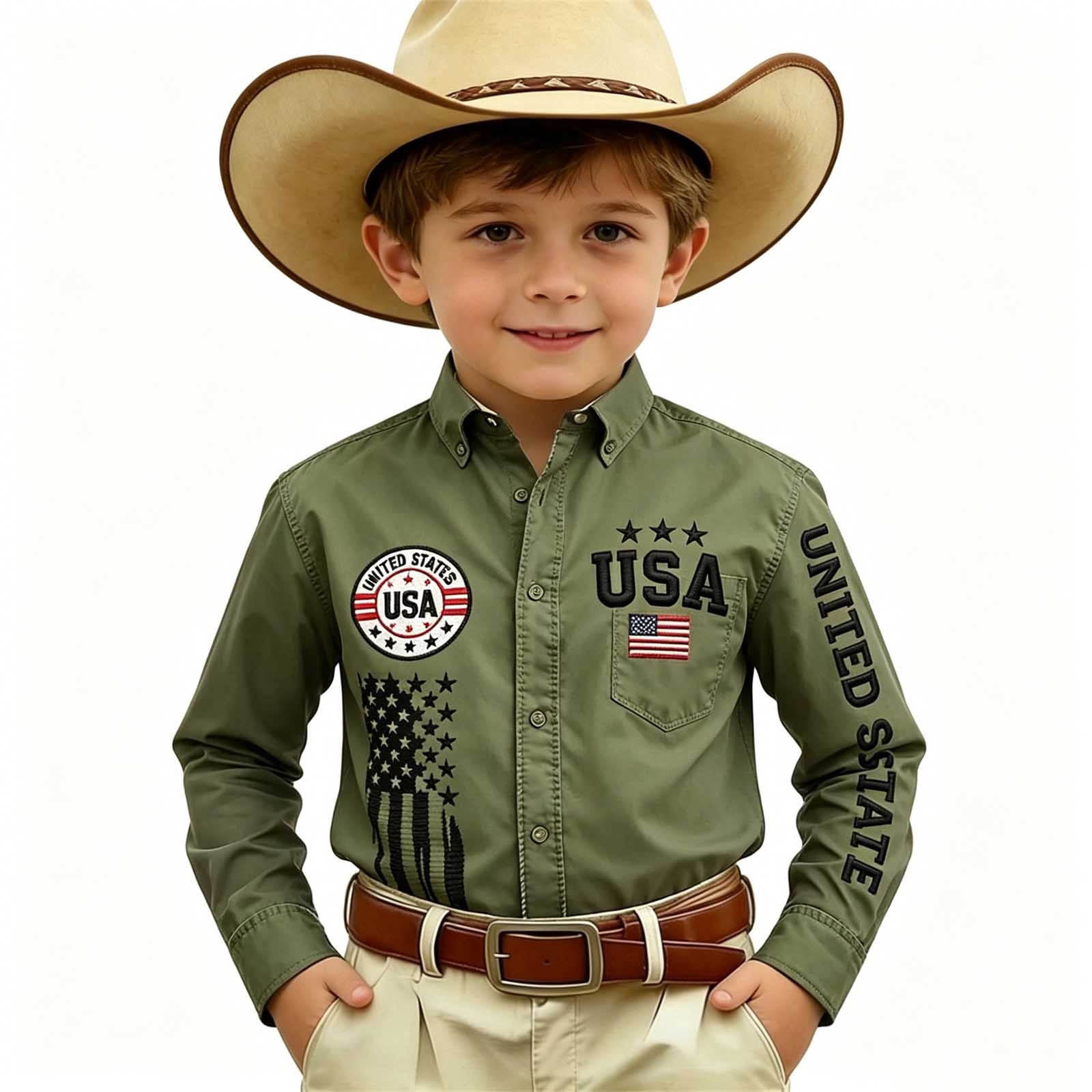 Childrens USA Independence Day Chest Print Casual Long Sleeve Button ...