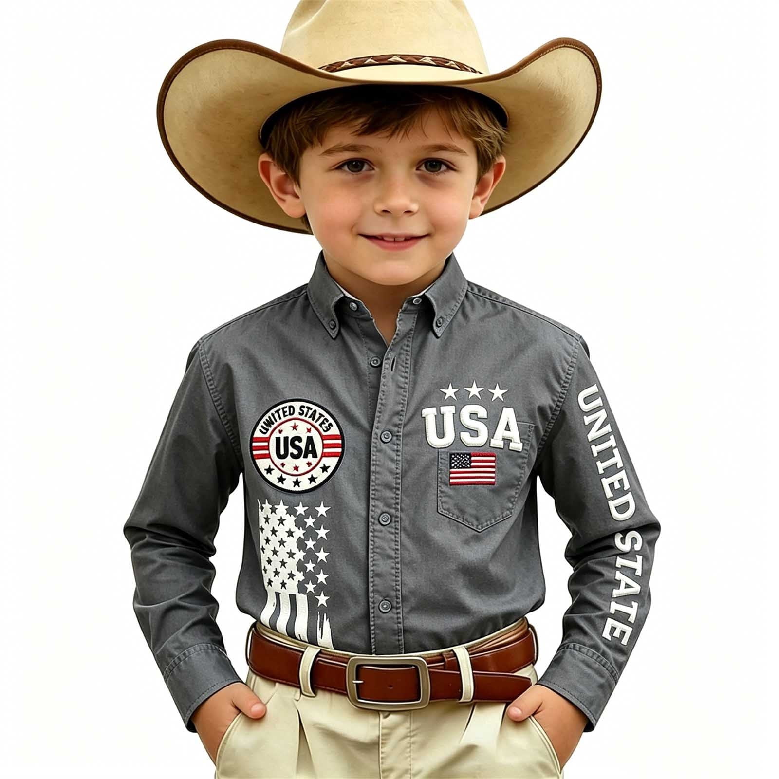 Childrens USA Independence Day Chest Print Casual Long Sleeve Button ...