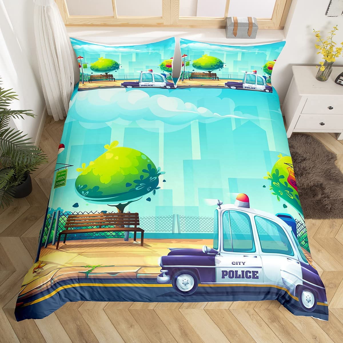 Childs Police Car Boys Cartoon Car Duvet Cover Emergency Responder ...