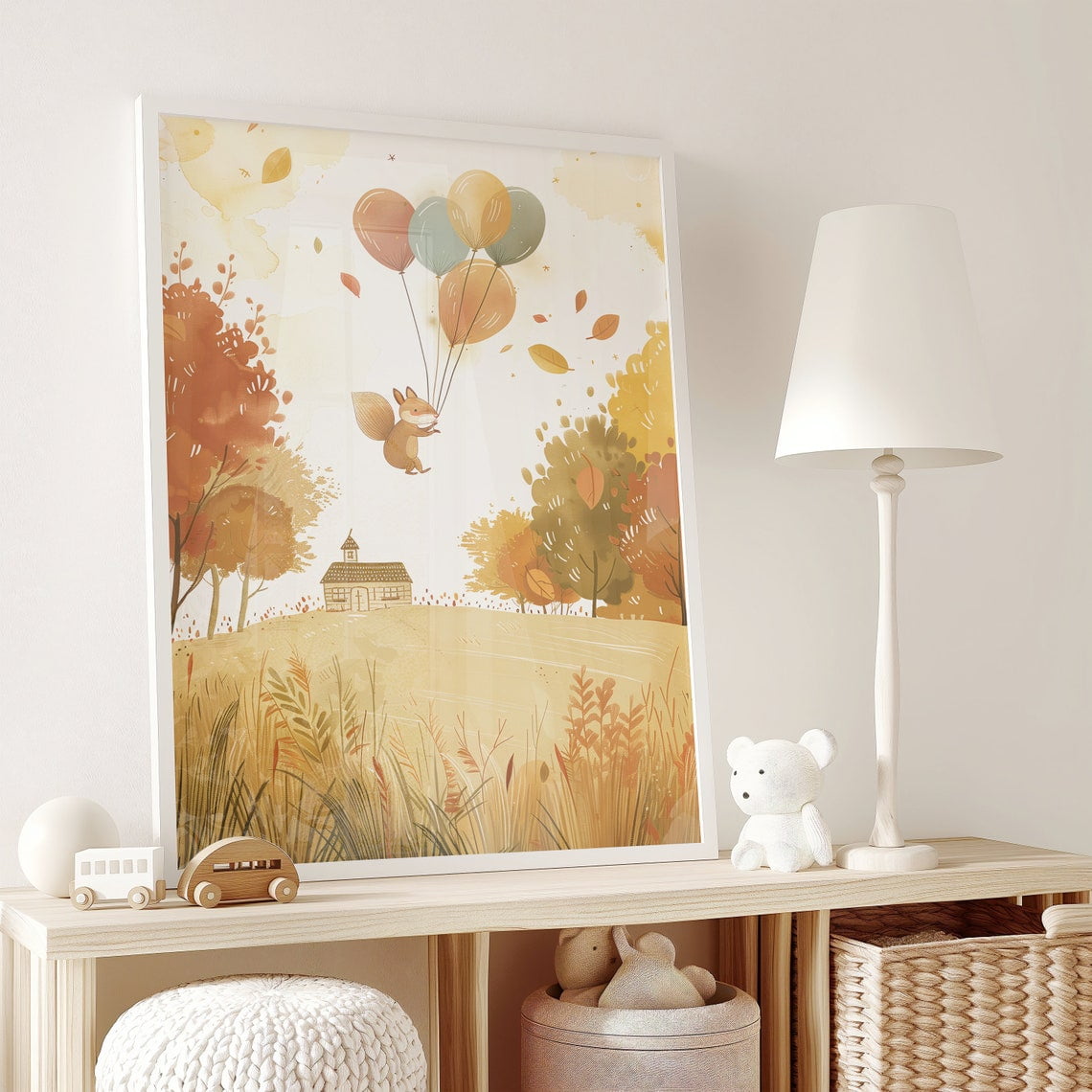 Childs Room Wall Art, Balloons Squirrel Watercolor Nursery Autumn Art ...