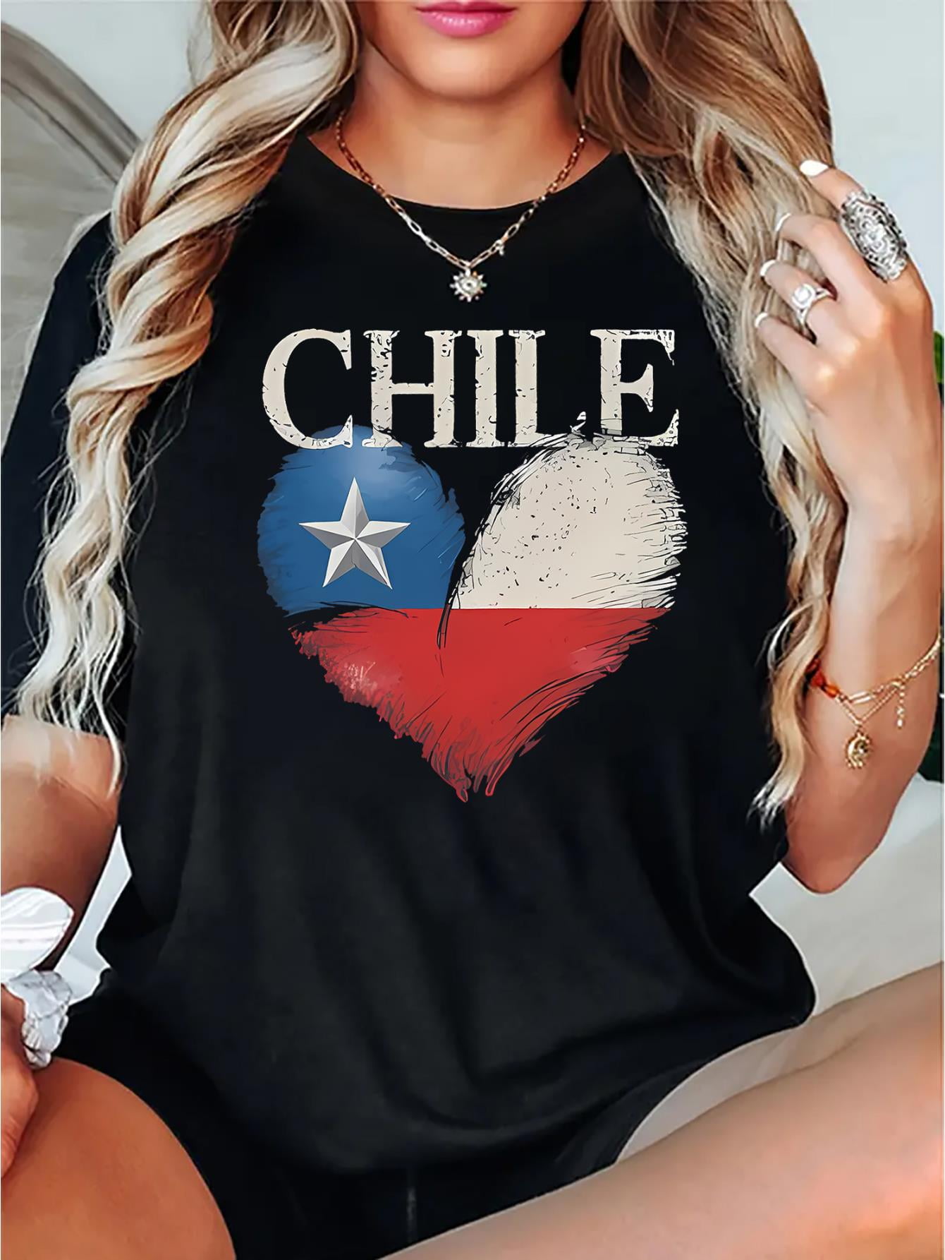 Chile Flag Heart Print T-Shirt for Women - Casual Cotton Knit Fabric ...