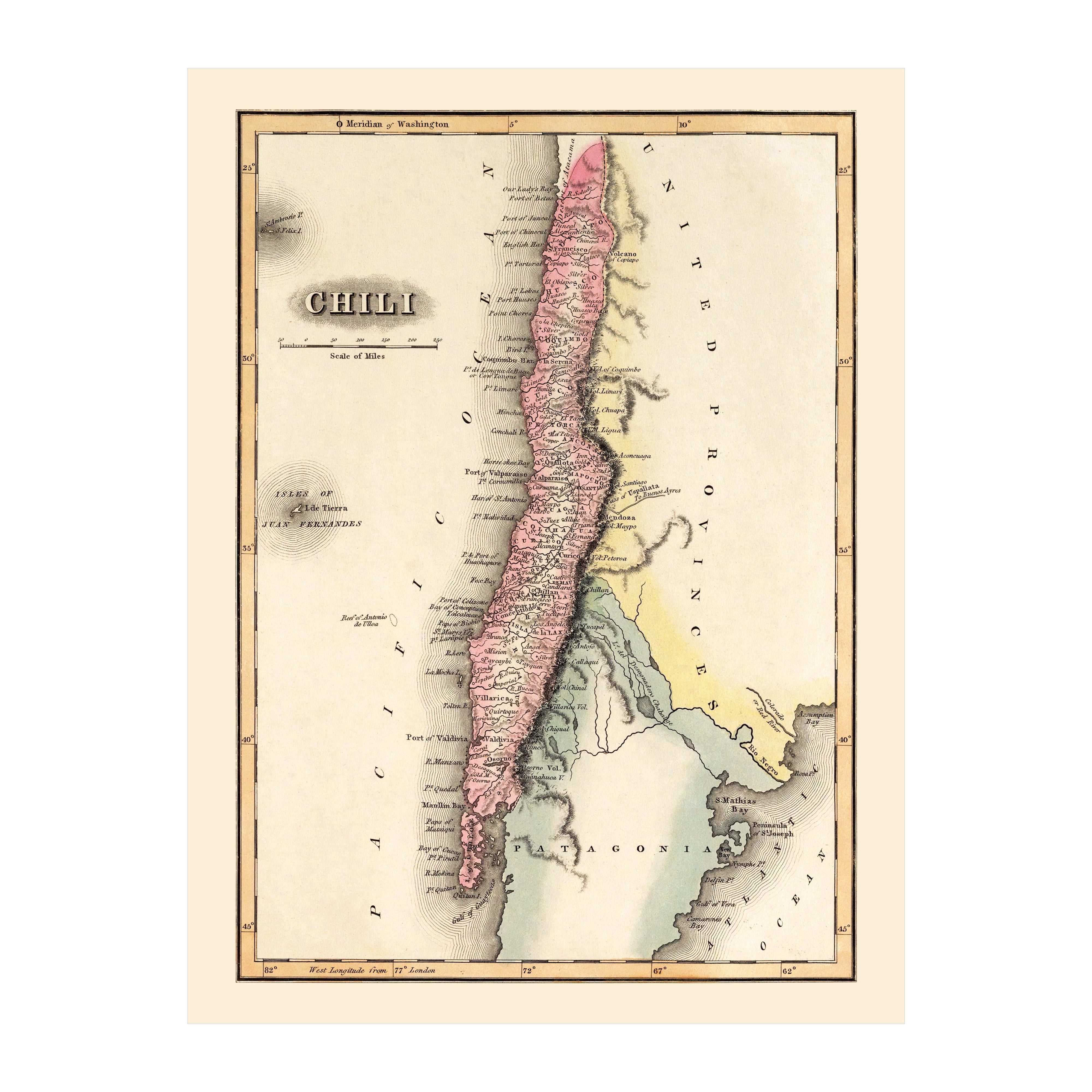 Chile Map, 1823 Vintage Map of Chile History Wall Decor Gift, Old Chile ...