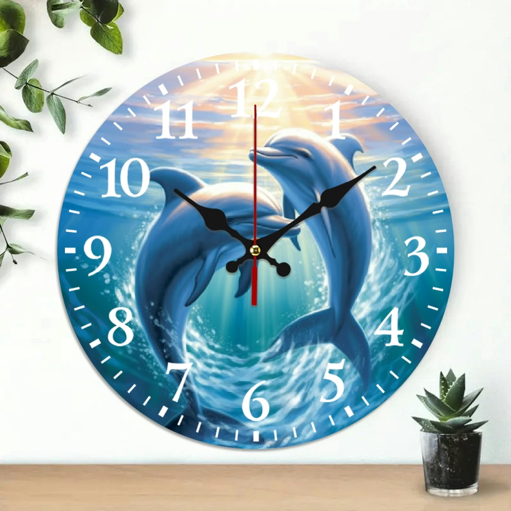 Chilfamy 10 Inch Dolphins Ocean Sunlight Theme Wooden Wall Clock ...