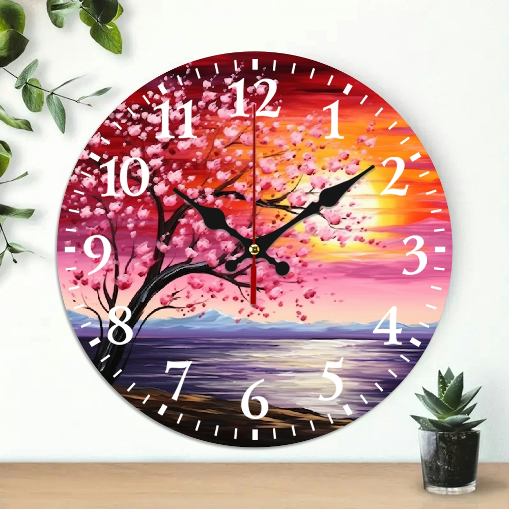 Chilfamy 10 Inch Flowers Sunset Theme Wooden Wall Clock for Home Decor ...