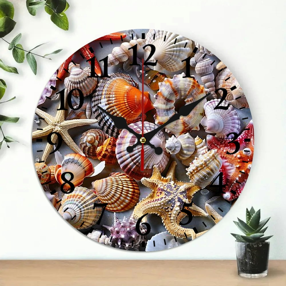 Chilfamy 10 Inch Round Wooden Starfish Theme Wall Clock for Home Decor ...