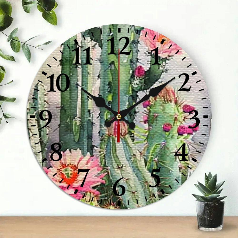 Chilfamy 10 Inch Round Wooden Wall Clock with Cactus Flowers Watercolor ...