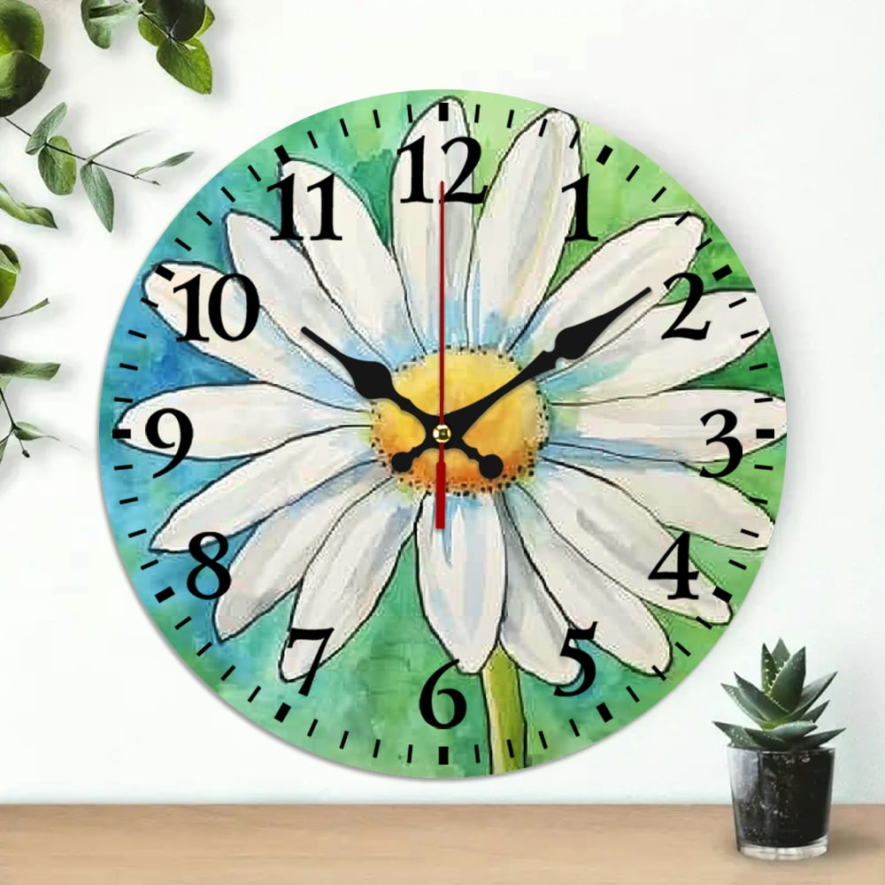 Chilfamy 10 Inch Round Wooden Wall Clock Daisy Print Silent Mechanical ...