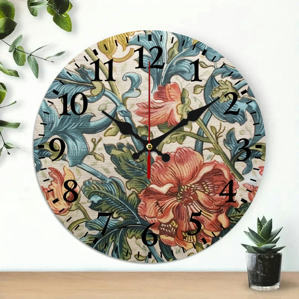 Chilfamy 10 Inch Round Wooden Wall Clock Flower Fabric Pattern Print ...