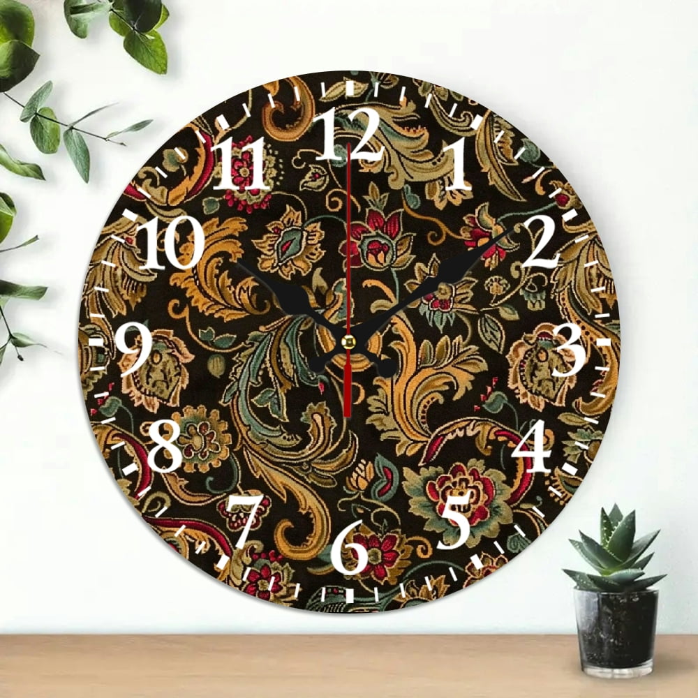 Chilfamy 10 Inch Round Wooden Wall Clock with Flower Print, Silent ...