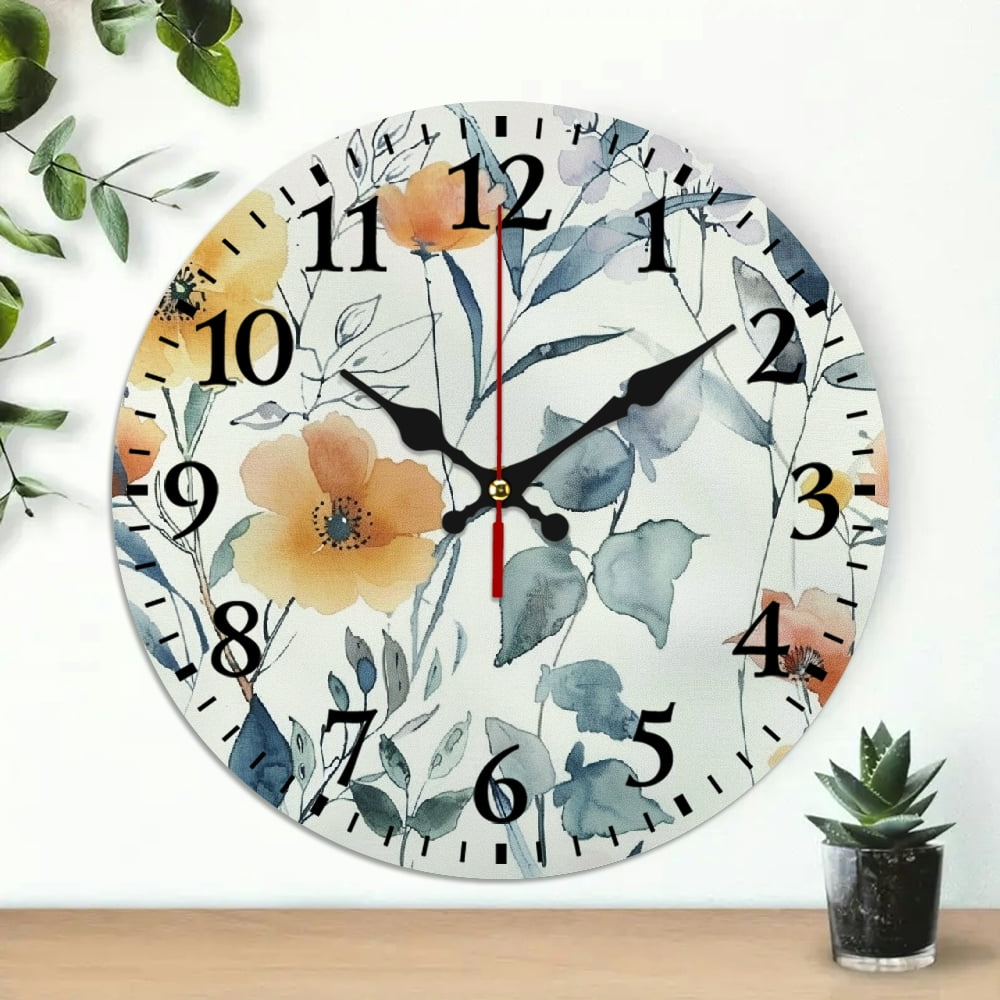 Chilfamy 10-Inch Round Wooden Wall Clock, Flowers Leaves Watercolor ...