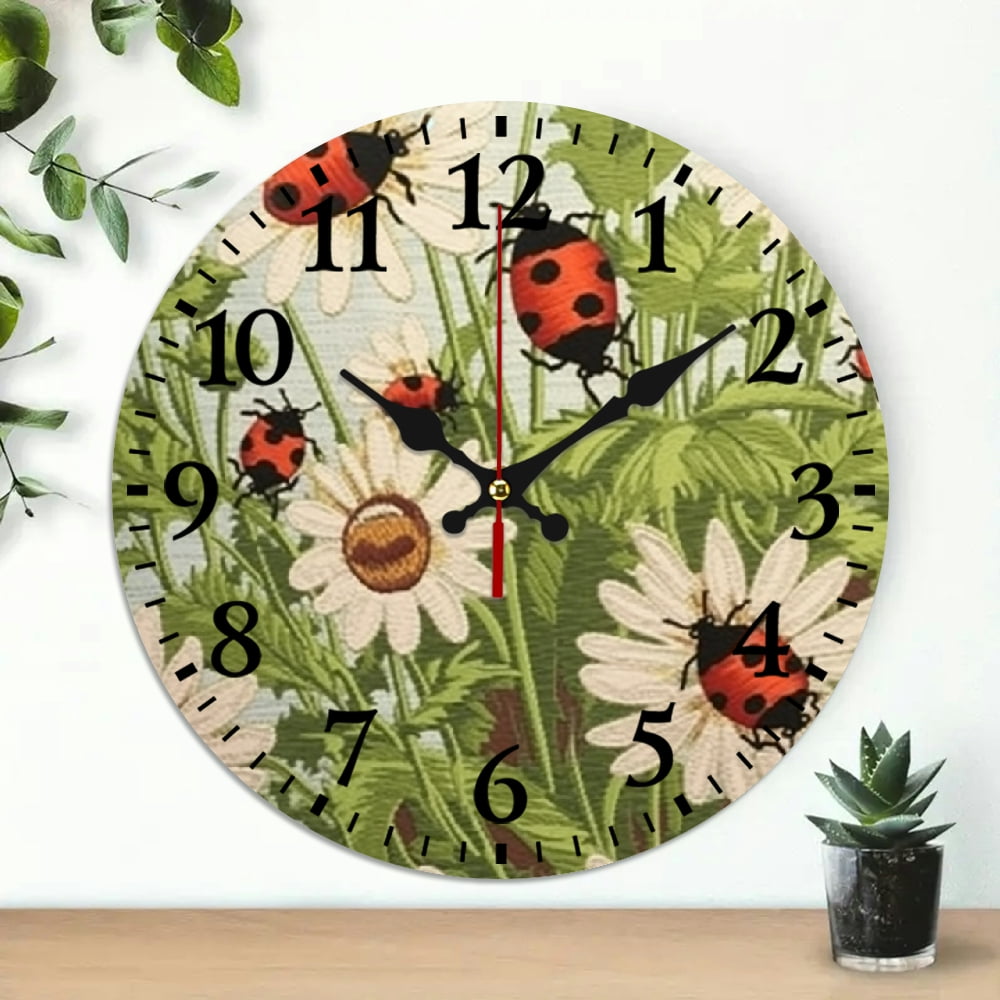 Chilfamy 10 Inch Round Wooden Wall Clock, Ladybugs and Daisies Print ...