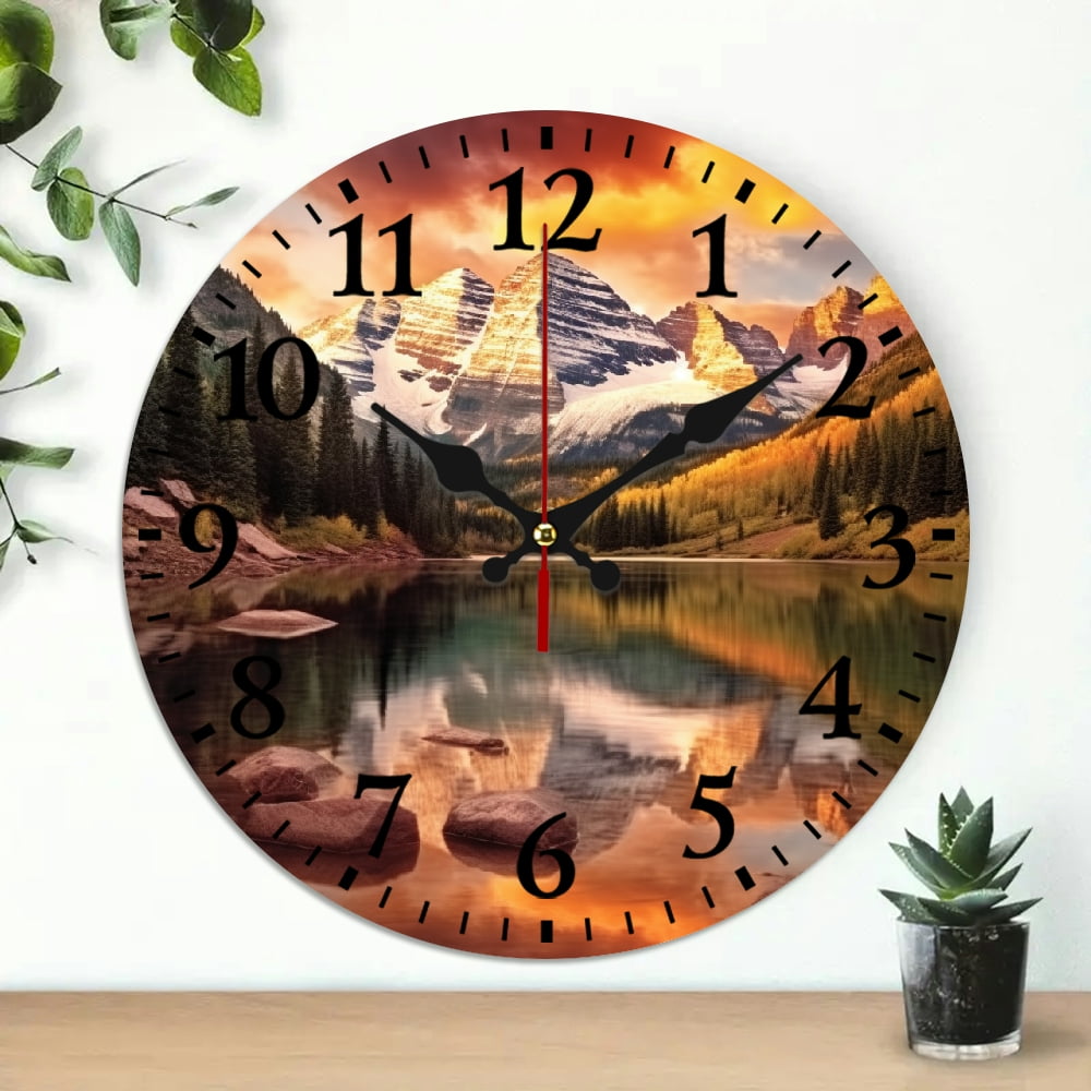 Chilfamy 10 Inch Round Wooden Wall Clock Mountain Lake Sunset Print ...