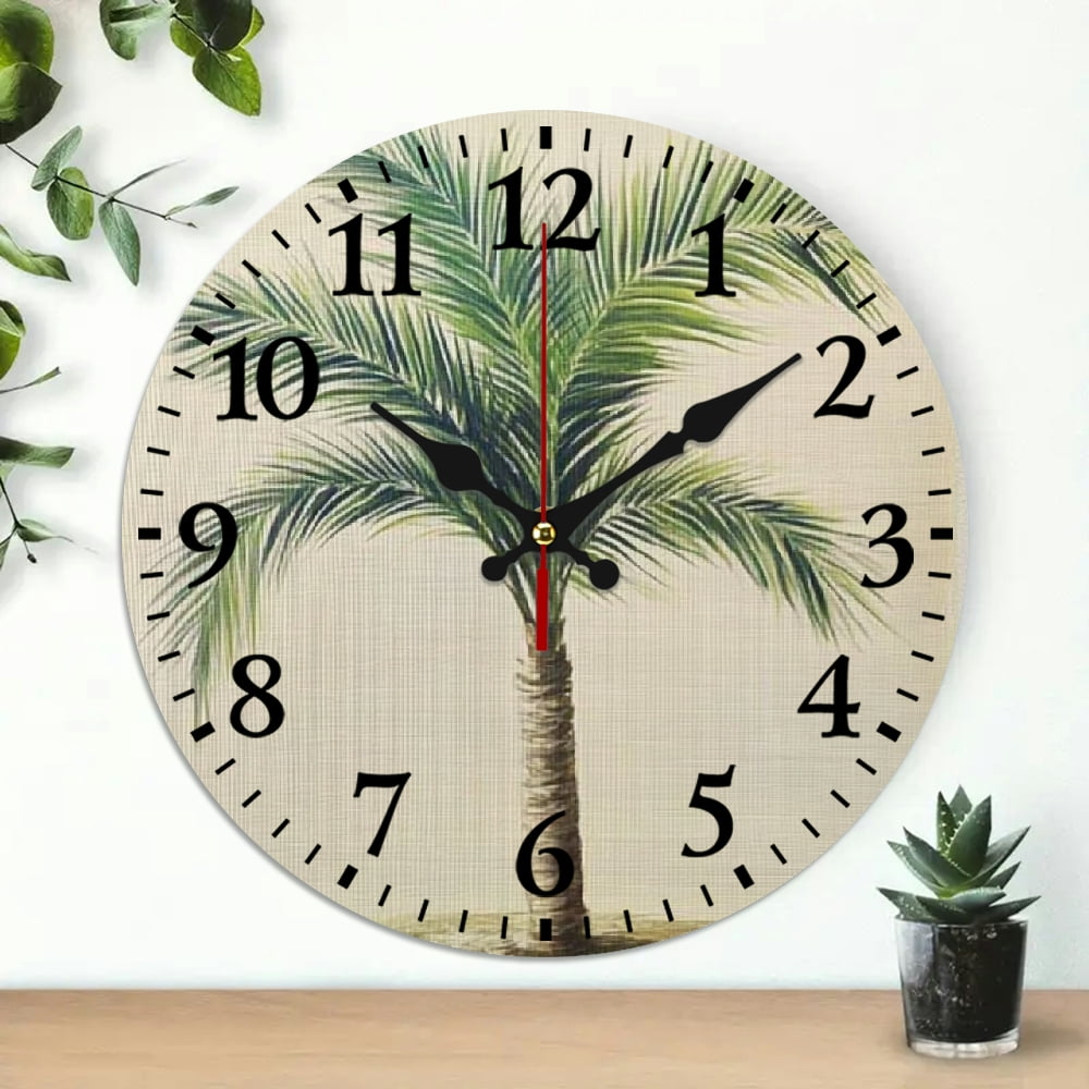 Chilfamy 10 Inch Round Wooden Wall Clock with Palm Tree Print, Silent ...