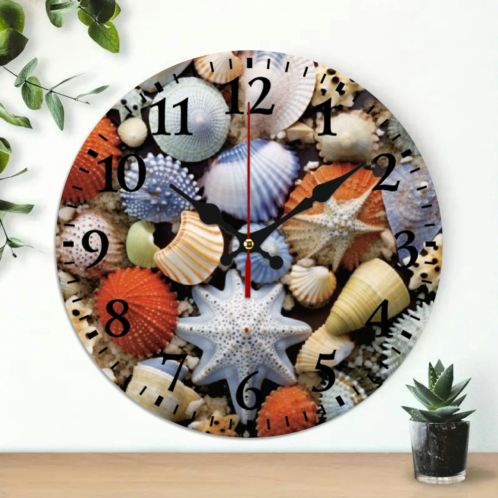 Chilfamy 10 Inch Round Wooden Wall Clock with Sea Shells Starfish Sea ...
