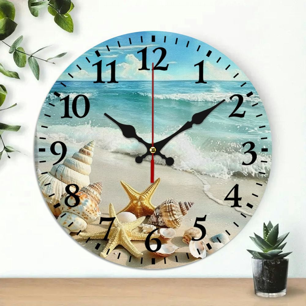 Chilfamy 10 Inch Round Wooden Wall Clock Shells Print Silent Mechanical ...