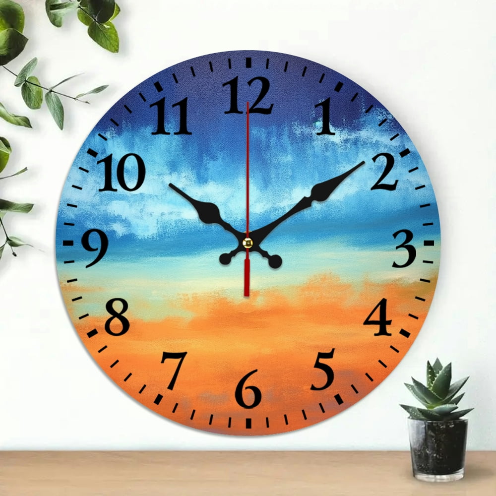 Chilfamy 10 Inch Round Wooden Wall Clock, Sky Clouds Abstract Brush ...