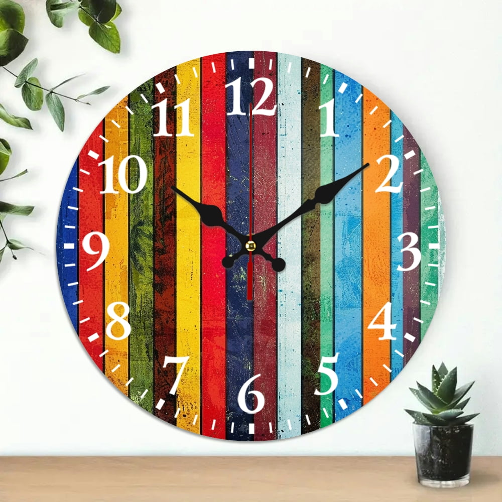 Chilfamy 10 Inch Round Wooden Wall Clock with Stripes Abstract Art ...