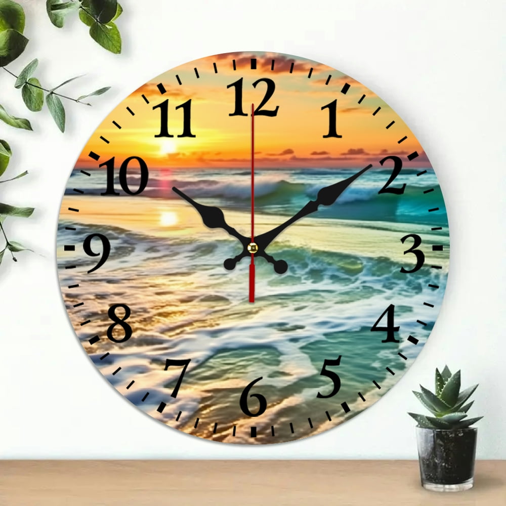 Chilfamy 10 Inch Round Wooden Wall Clock Waves Sunset Print Silent ...