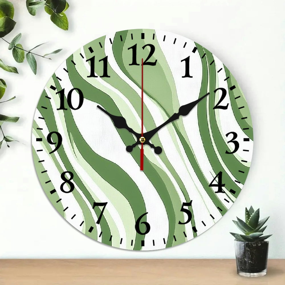 Chilfamy 10 Inch Round Wooden Wall Clock with Wavy Design Print, Silent ...