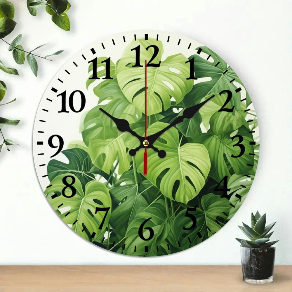 Chilfamy 10 Inch Round Wooden Wall Clock with Green Leaves Print - Wall ...