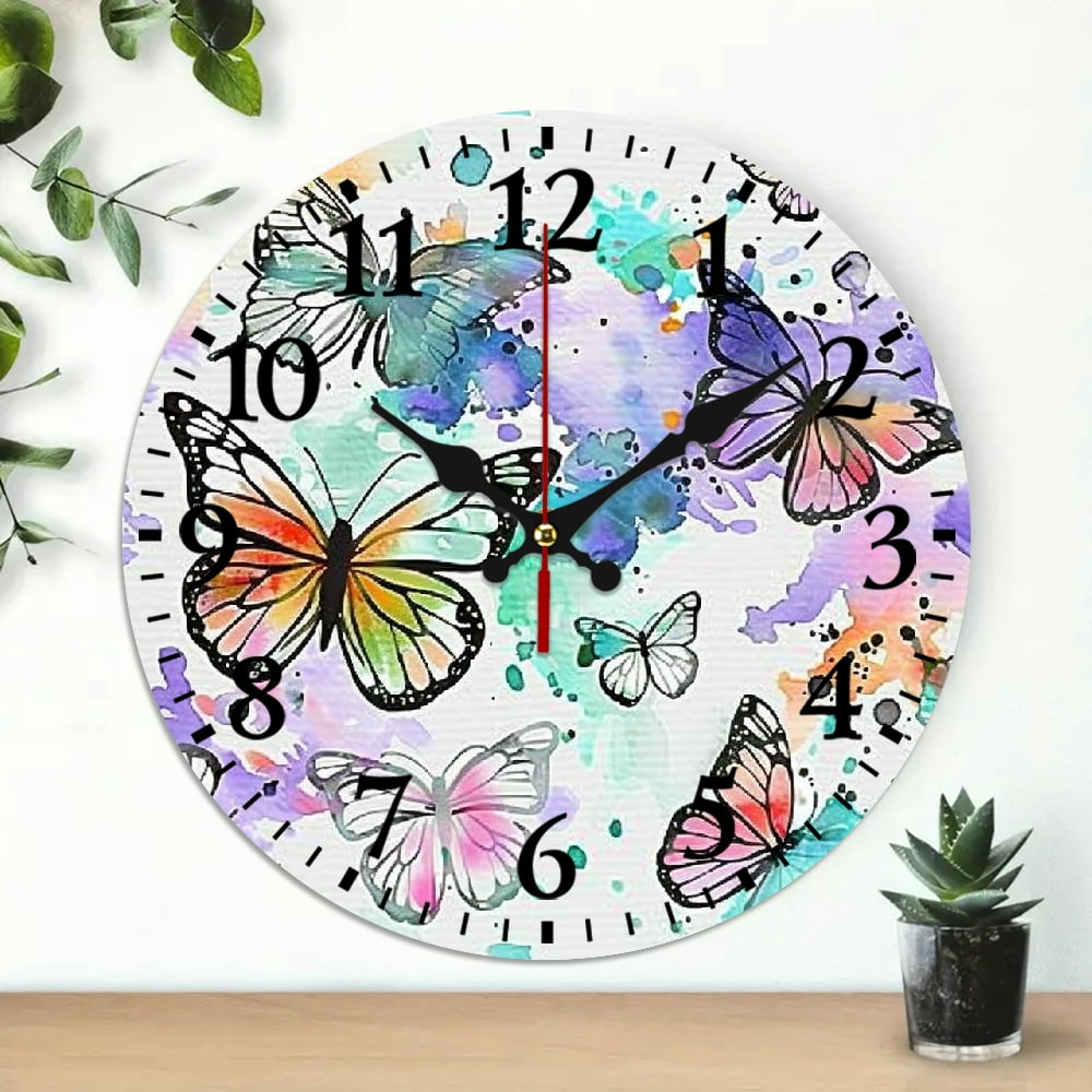 Chilfamy 10 Inch Wall Clock Butterflies Watercolor Spots Pastel Colors ...
