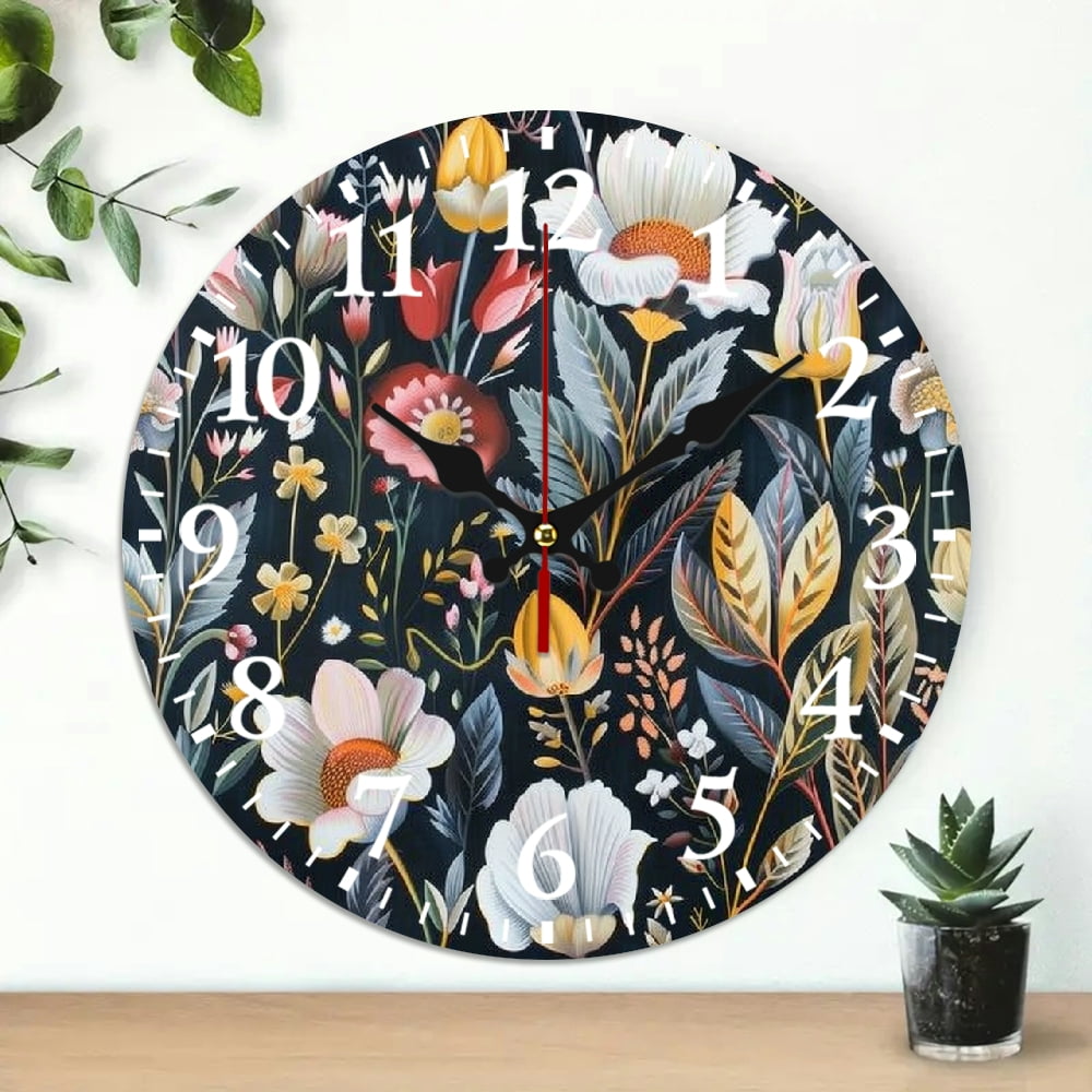 Chilfamy 10 Inch Wall Clock Flowers Leaves Black Background Decor ...